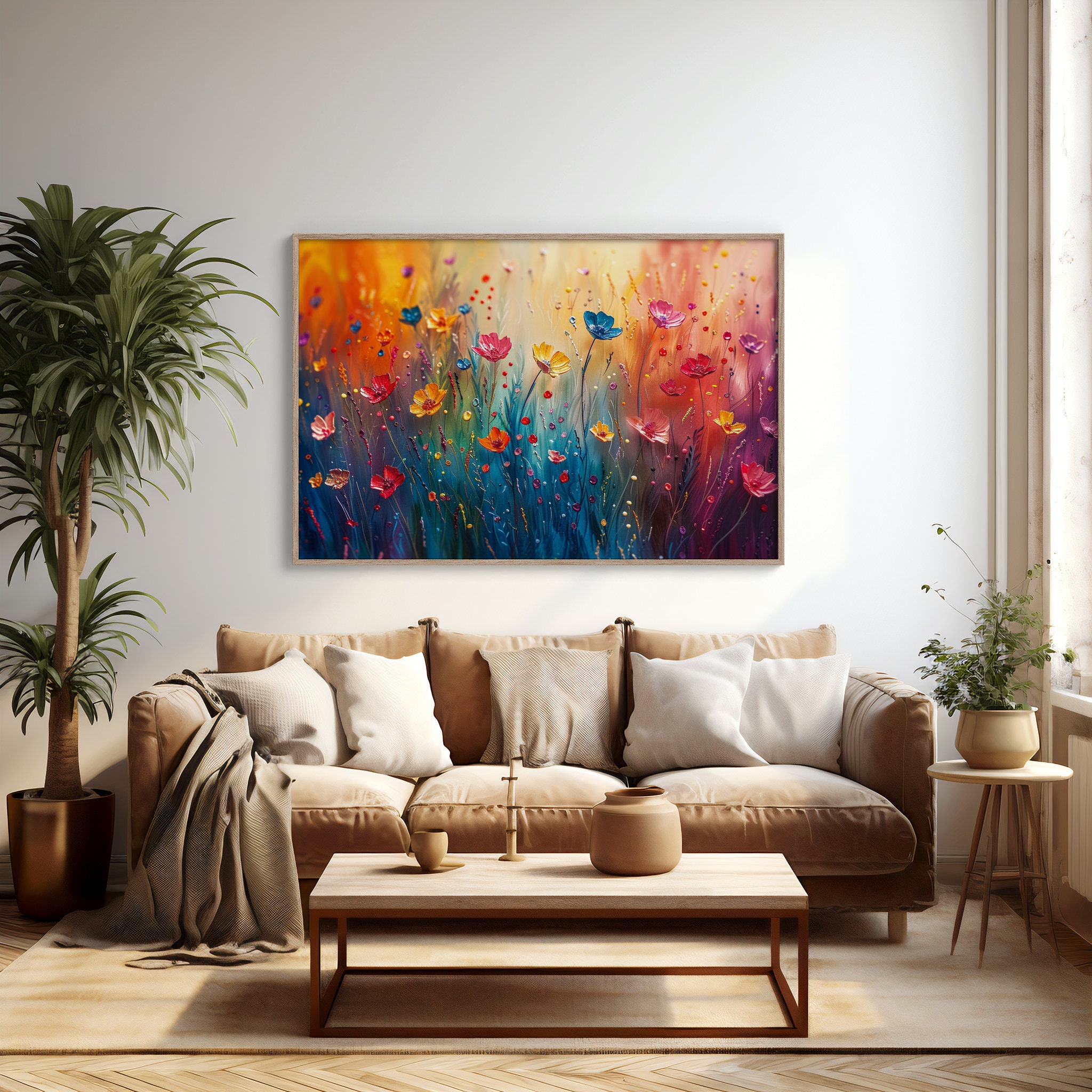 Vibrant Floral Landscape Digital Print | Stylized Flower Field Artwork ...