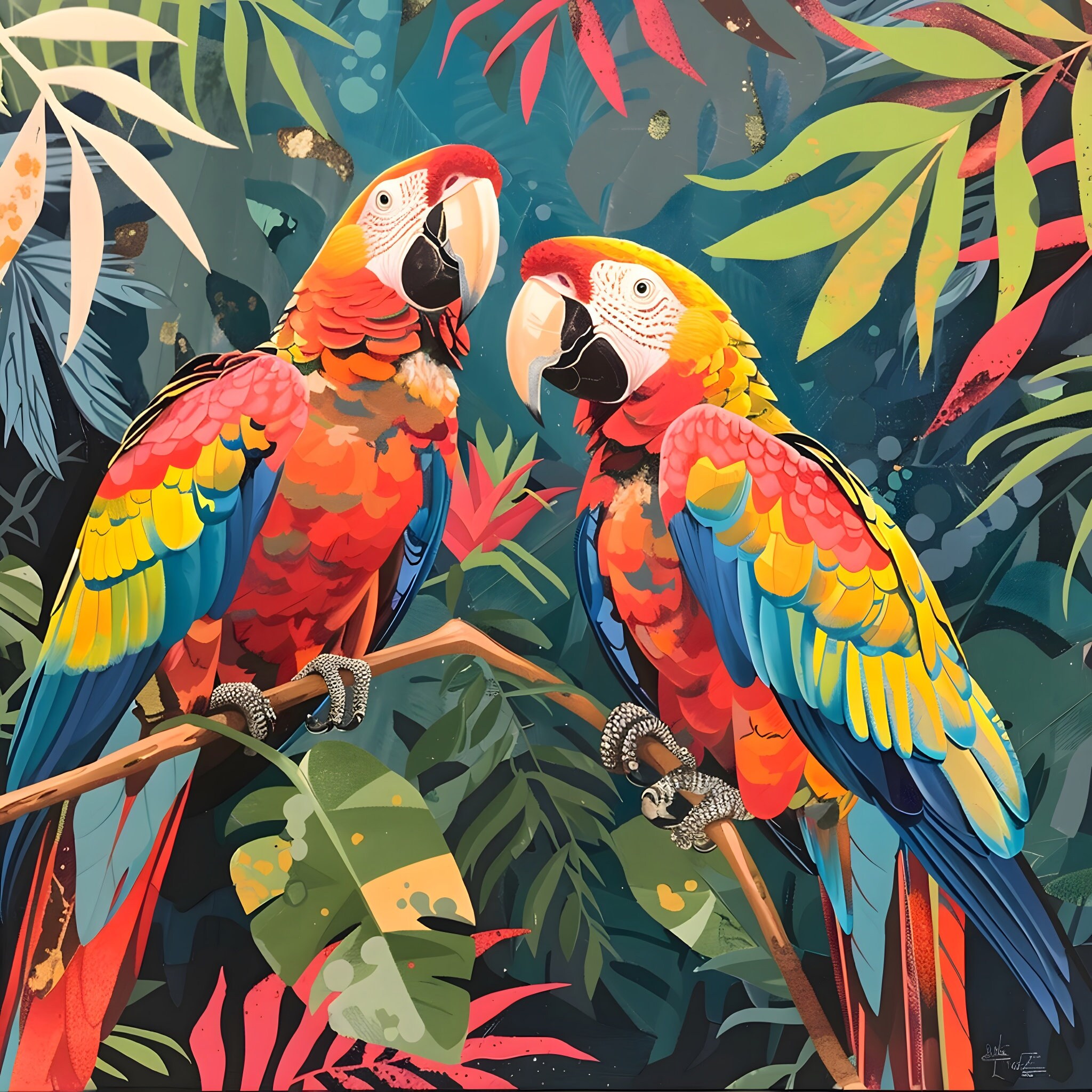 Tropical Parrots Digital Art Print Vibrant Macaws on Branch Lush Jungle Foliage Background ...