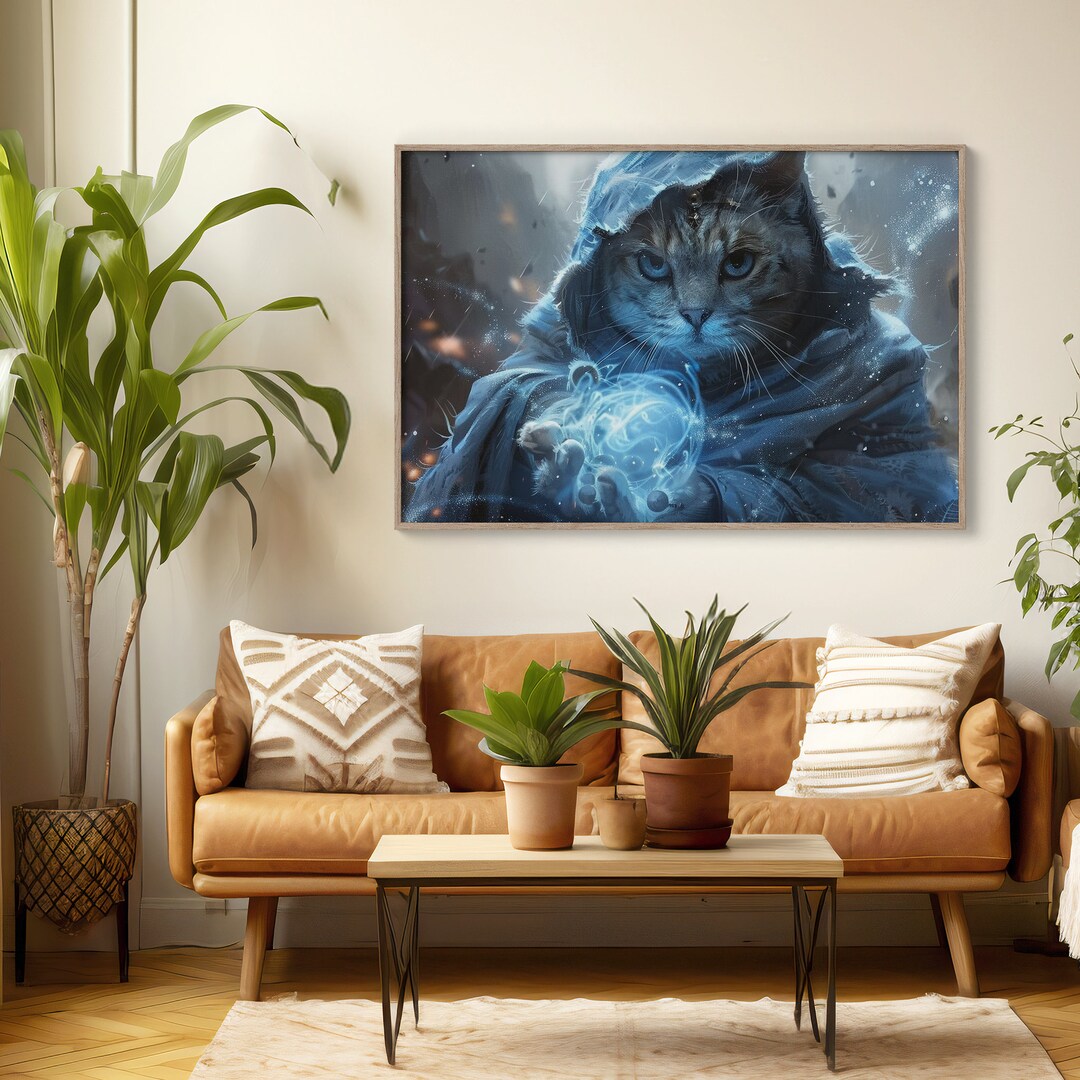 Mystical Cat Wizard Digital Print | Fantasy Cat Conjuring Magic Orb Art ...