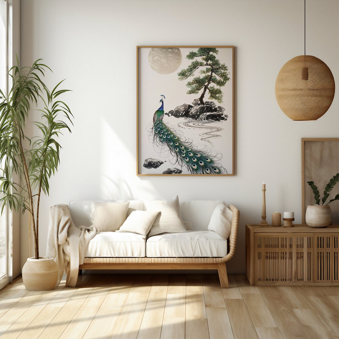 Peacock and Pine Tree Moonlight Sonata Artwork Asian-inspired Nature ...