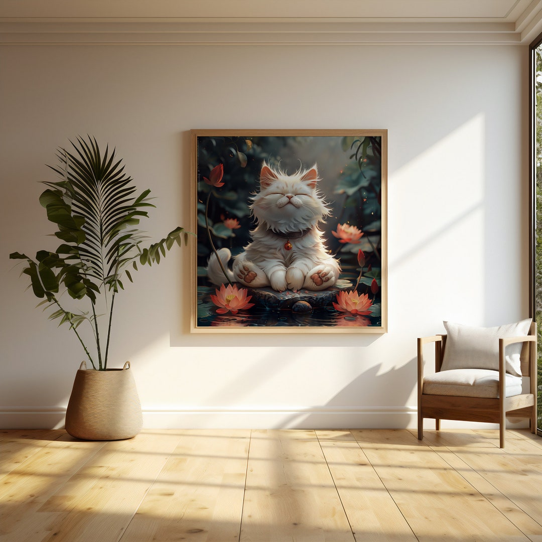 Zen Cat Digital Art Print | Serene Kitty Meditation | Lotus Pond ...