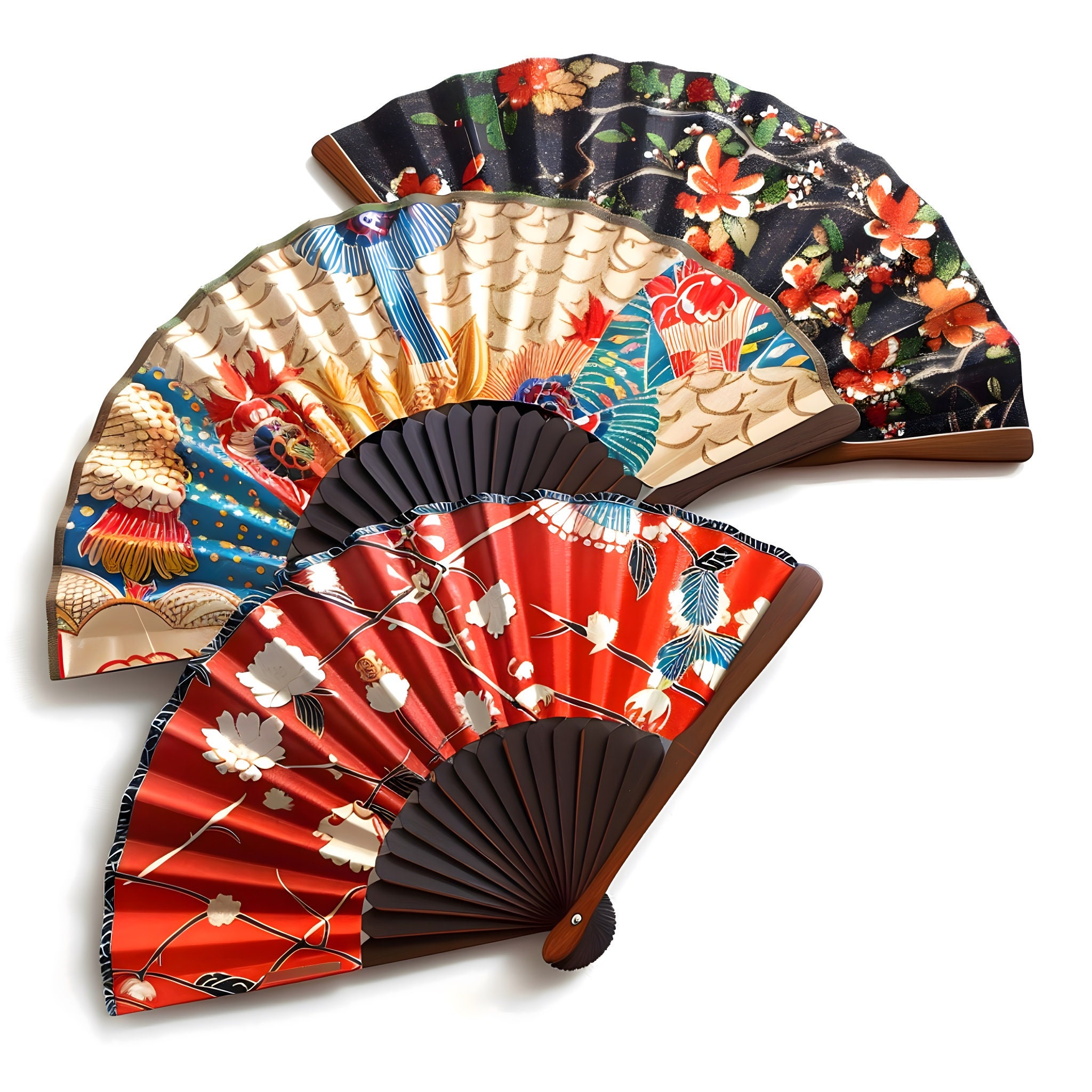 Traditional Japanese Fans Art Print Sensu Collection Floral Motifs Red ...