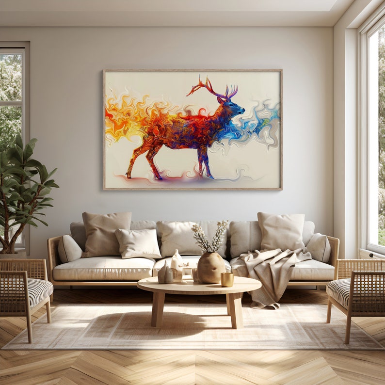 Fiery Flux Deer Digital Art Print | Vibrant Landscape With Liquid Fire ...