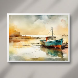 Nautical Watercolor Art | Boat at Sunset | Seaside Wall Decor | Coastal ...