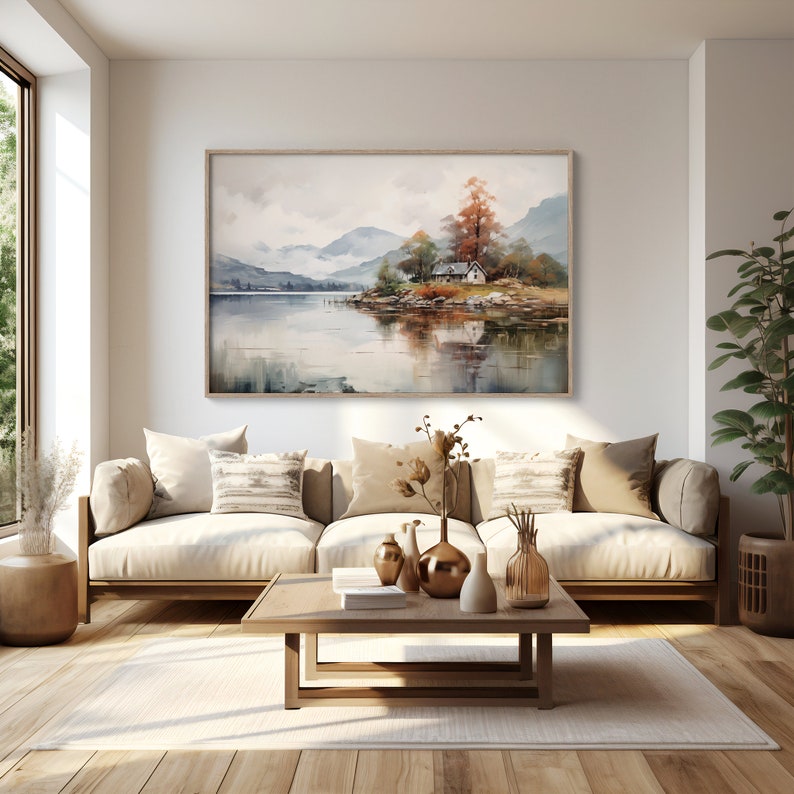 Rustic Fall Landscape Art | Antique Classic Cottage by Lake | Autumn ...