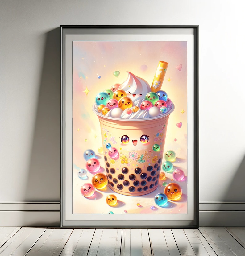 Kawaii Bubble Tea Digital Print | Cute Anime Boba Wallpaper | Whimsical ...