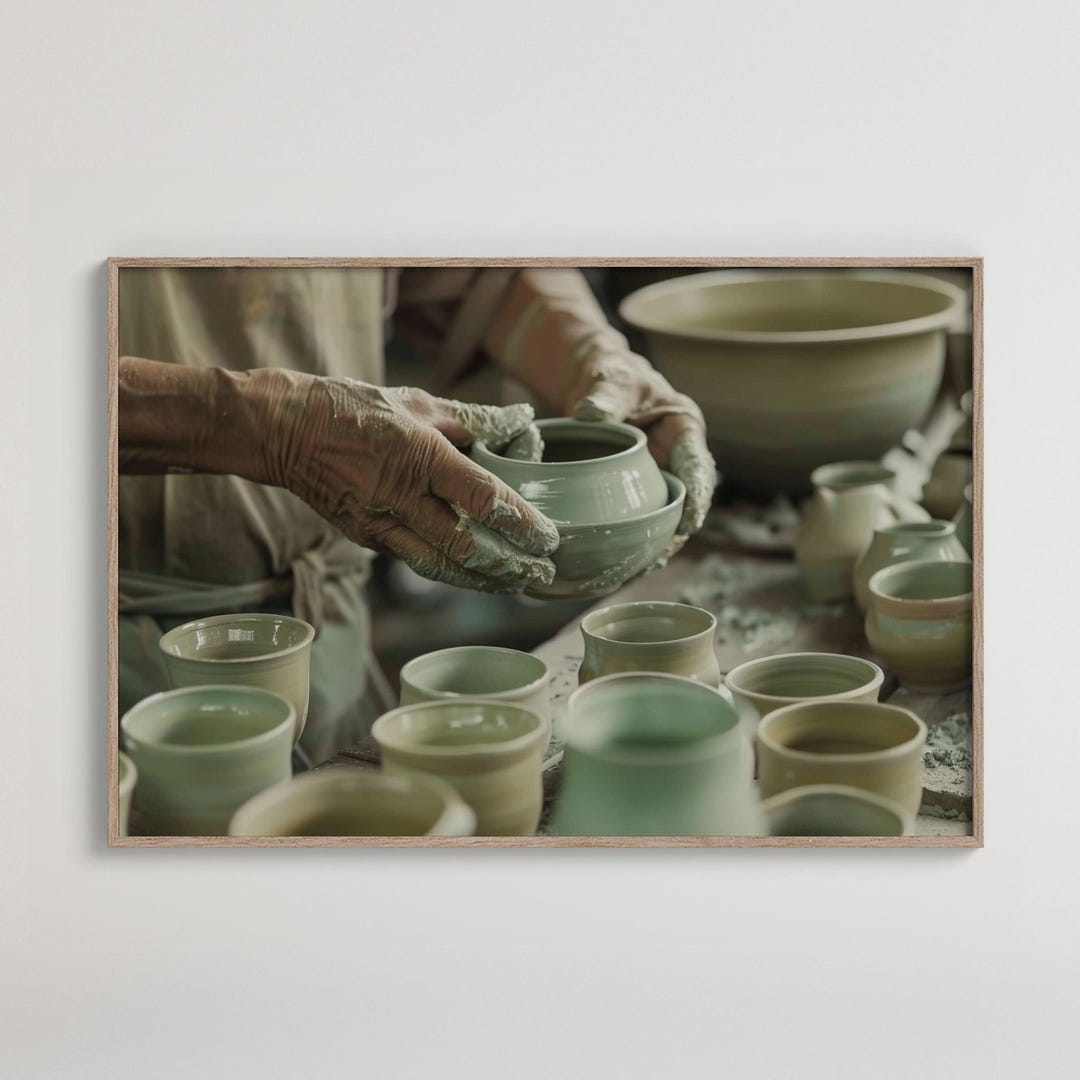 Artisan Pottery Creation Digital Art Skilled Hands Crafting Green Bowl ...
