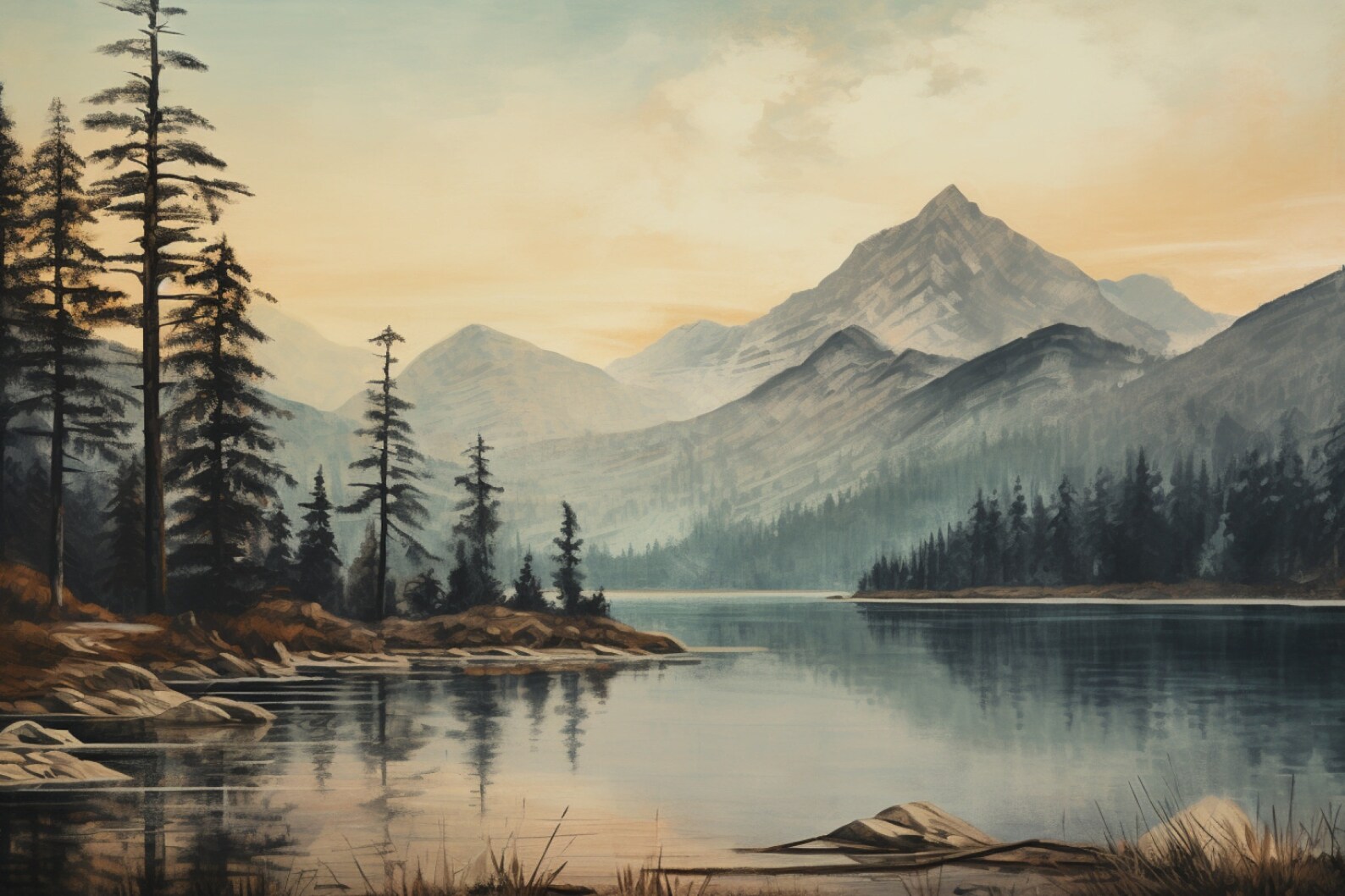 Rustic Autumn Lake Scene Art | Vintage Mountain Landscape Print ...