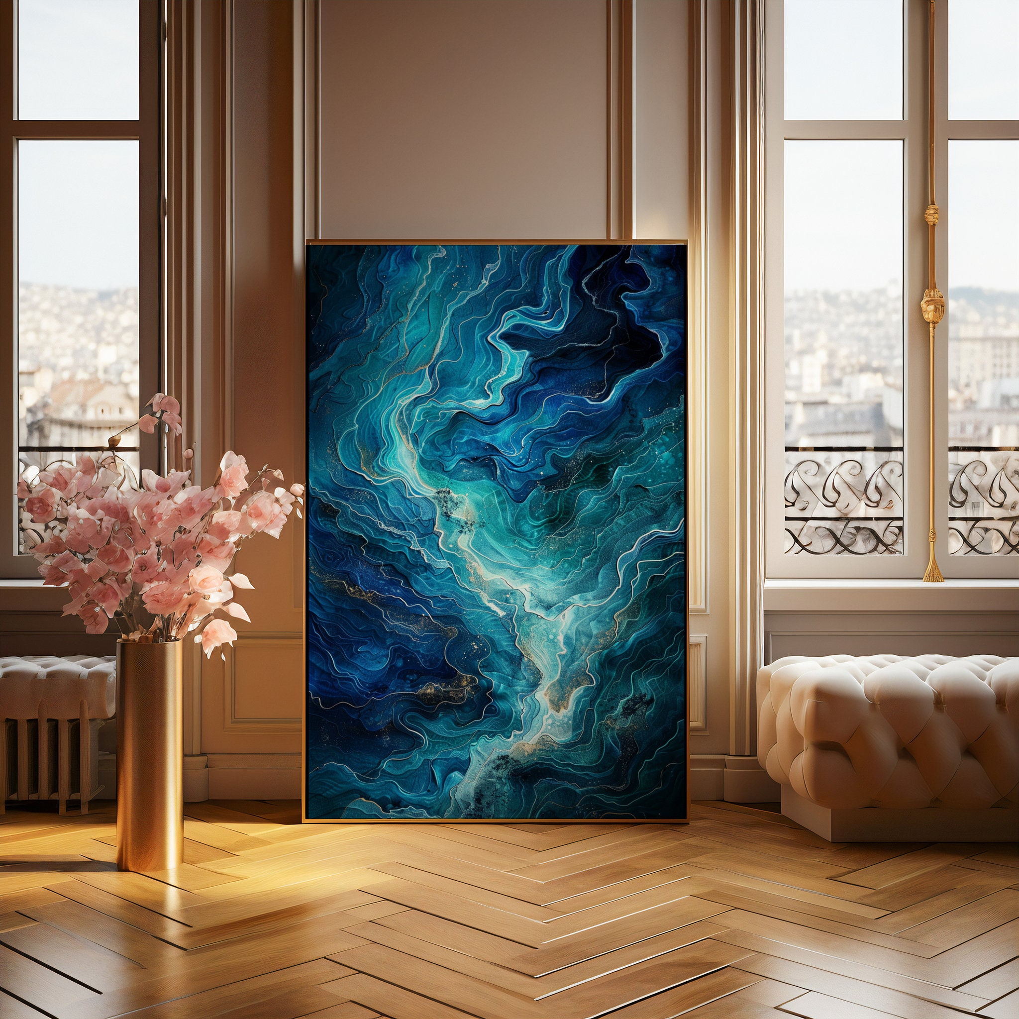 Abstract Ocean Waves Digital Art Print | Marbled Blue Sea Patterns ...