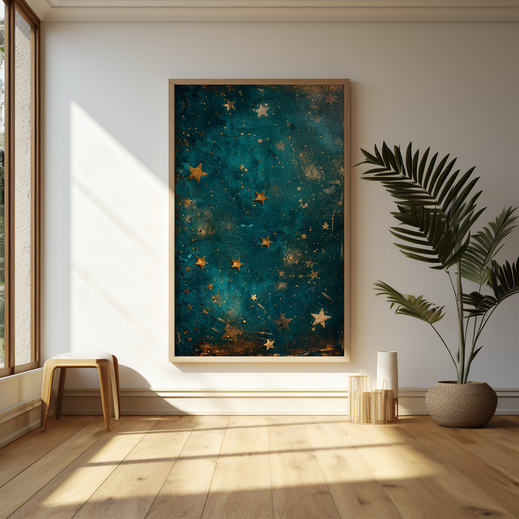 Abstract Starry Night Sky Digital Art Print Cosmic Gold and Teal Wall ...