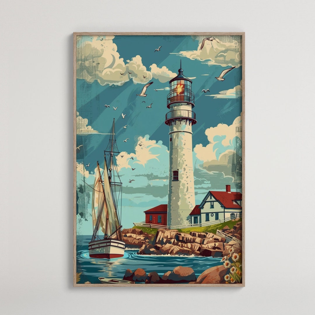 Vintage Coastal Scene Digital Print | Classic Lighthouse With Sailboat ...