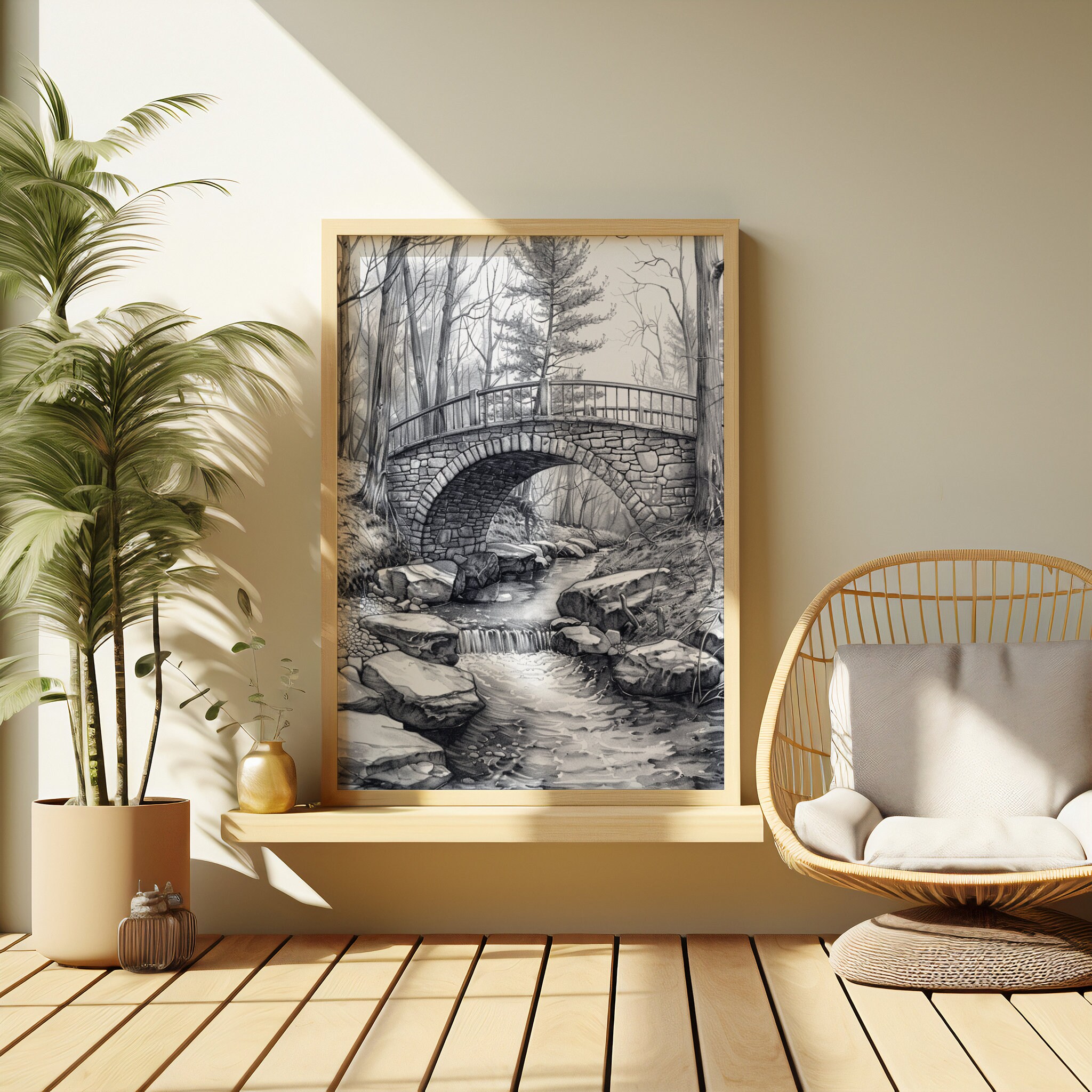 Monochrome Forest Bridge Art | Tranquil Stream Pencil Drawing | Nature ...