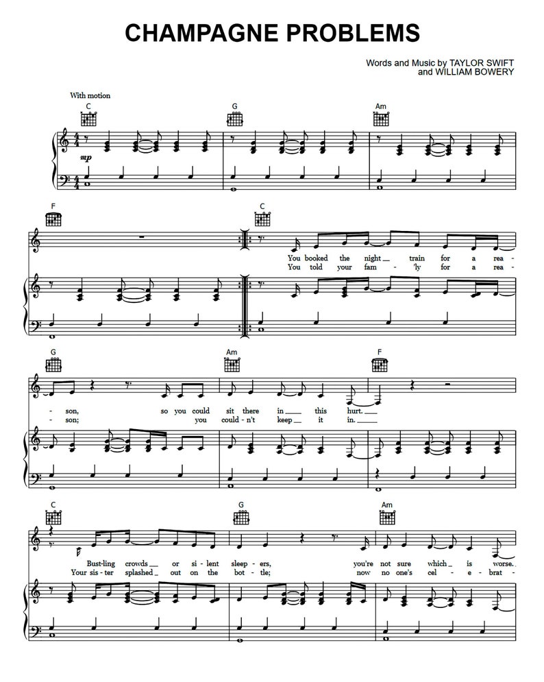 Champagne Problems - Taylor Swift Piano Music Sheet - Printable ...