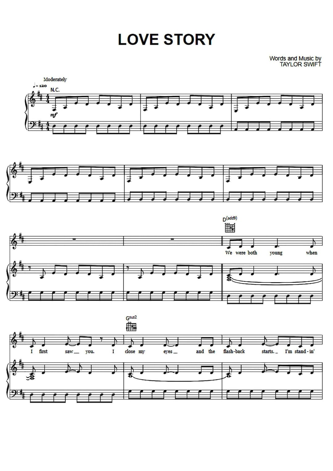 Love Story - Taylor Swift Piano Music Sheet - Printable - Download - Etsy