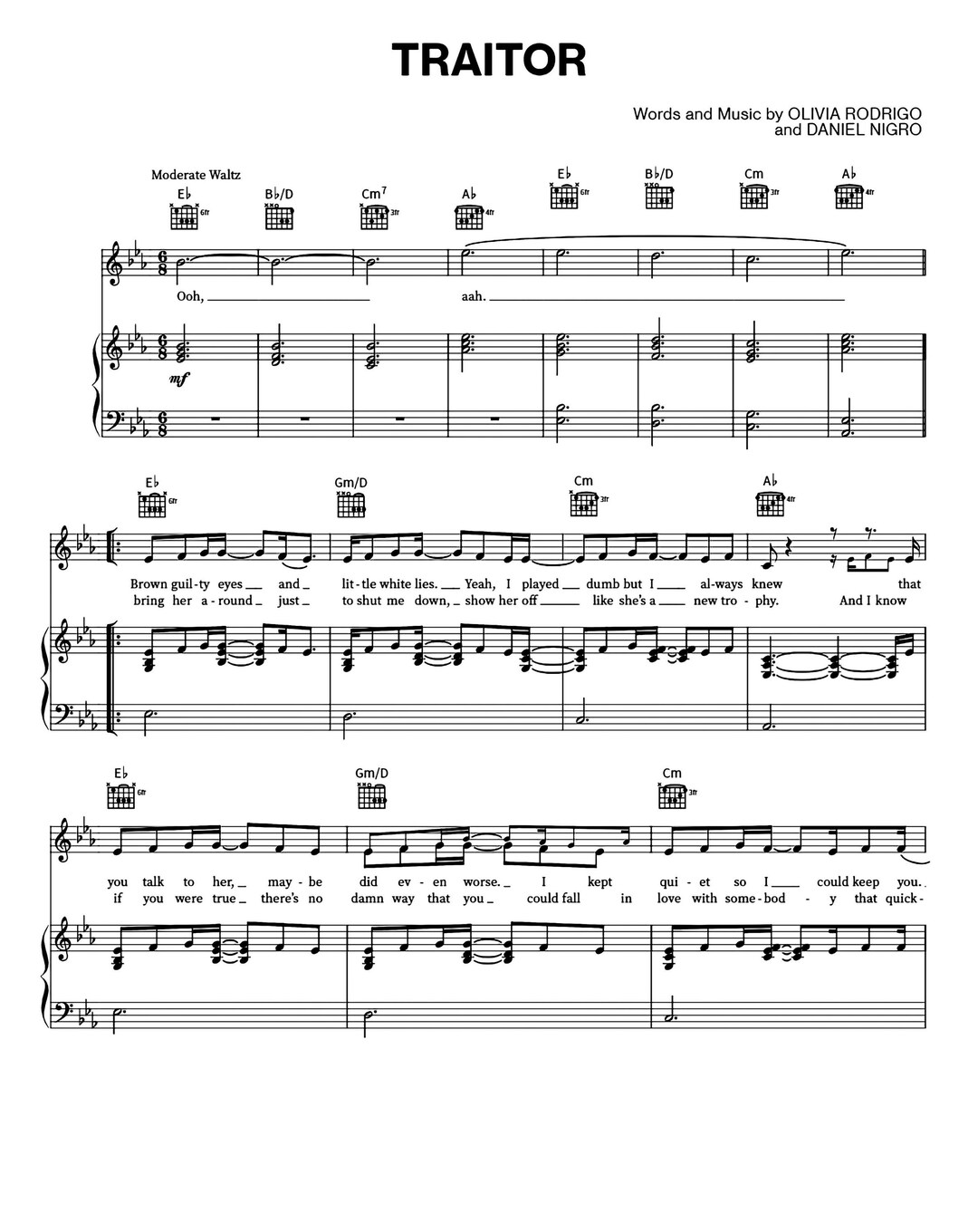 Traitor - Olivia Rodrigo Piano Music Sheet - Printable - Download - Etsy