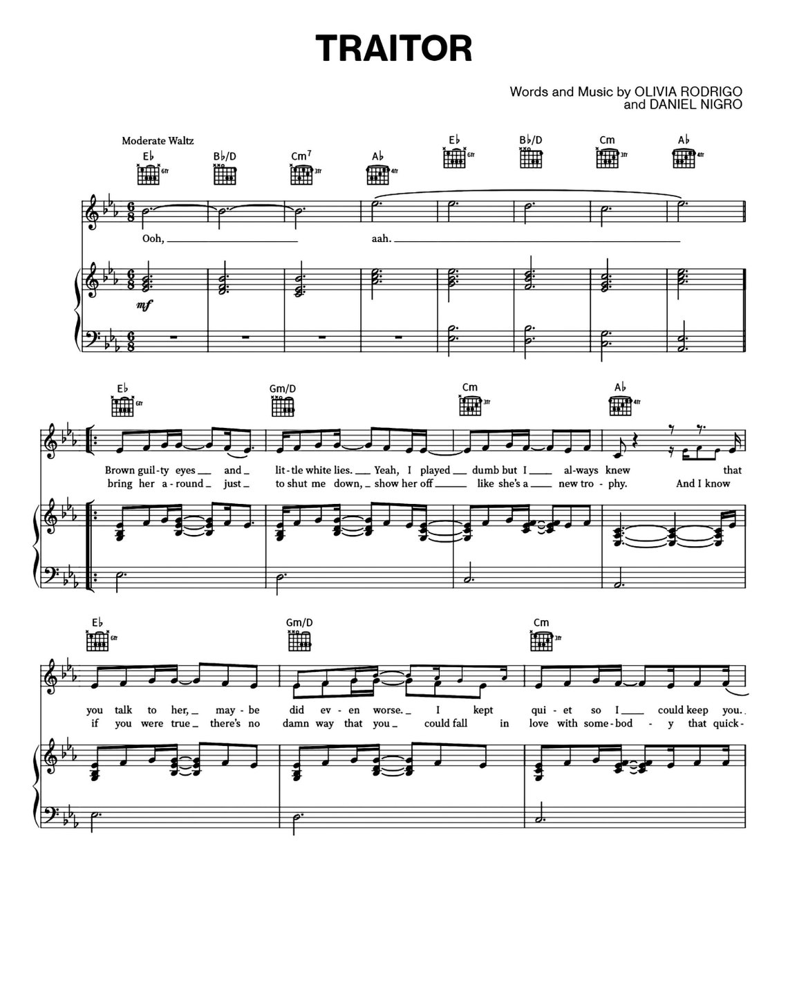 Traitor - Olivia Rodrigo Piano Music Sheet - Printable - Download - Etsy