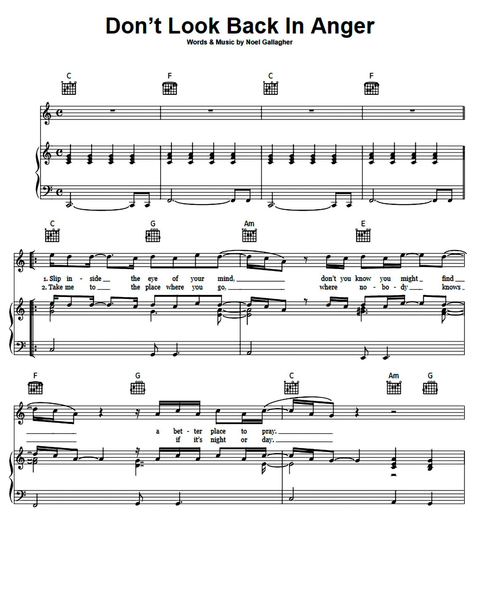 Don't Look Back in Anger - Oasis Piano Music Sheet - Printable ...