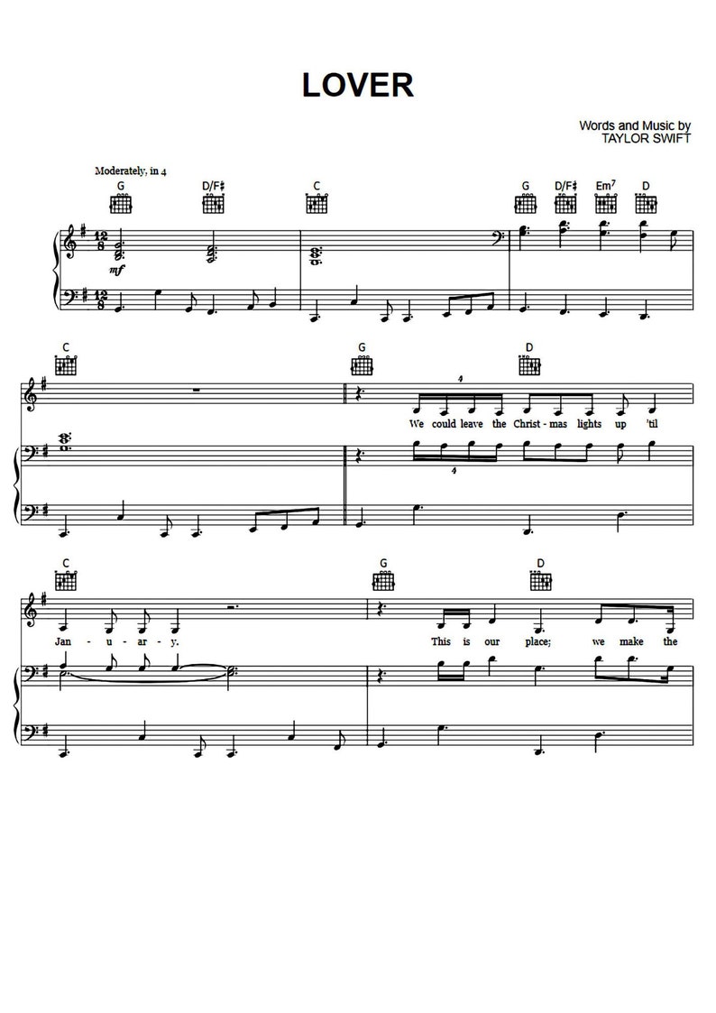 Lover - Taylor Swift Piano Music Sheet - Printable - Download - Etsy