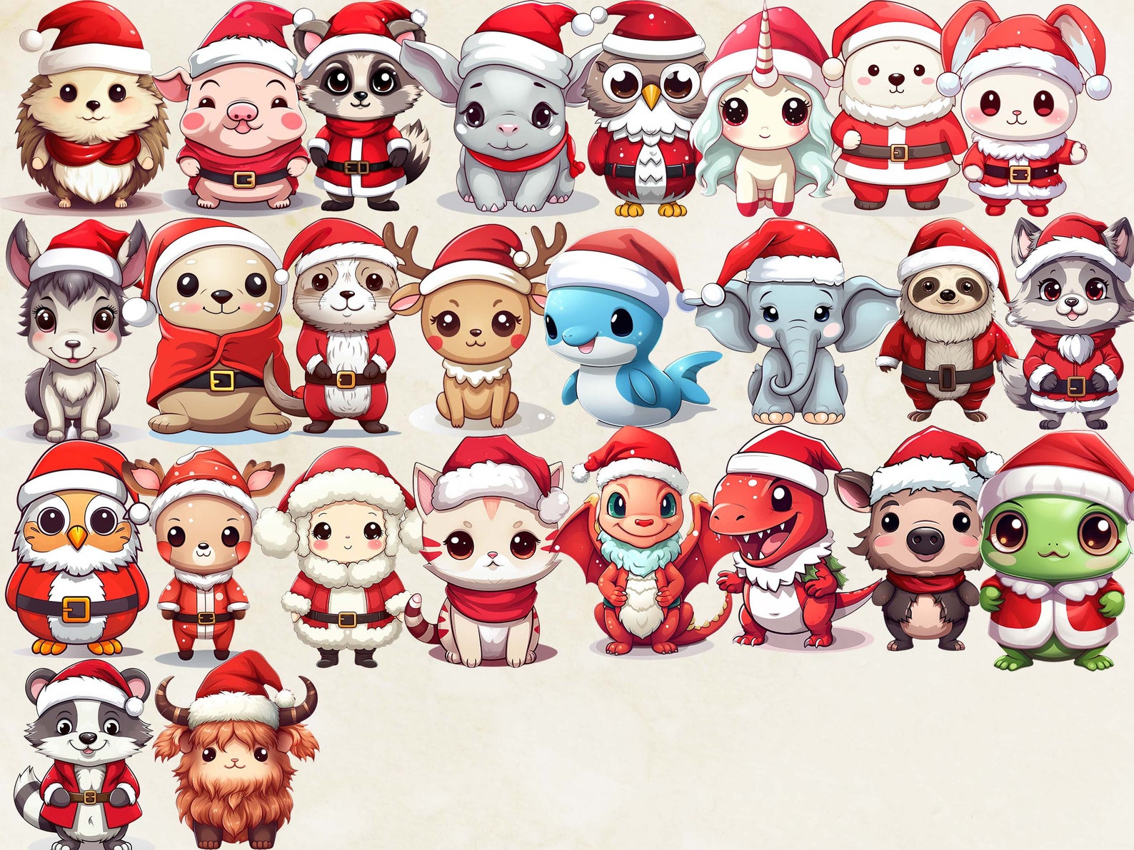 Kawaii Christmas Animals Clipart Bundle, Kawaii Christmas Clipart ...