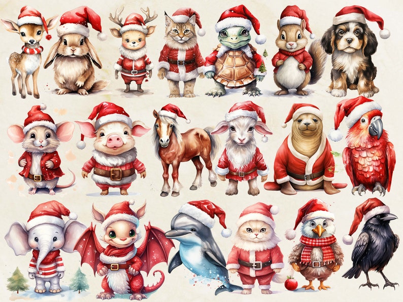 Watercolor Christmas Animals Clipart Bundle, Watercolor Christmas ...