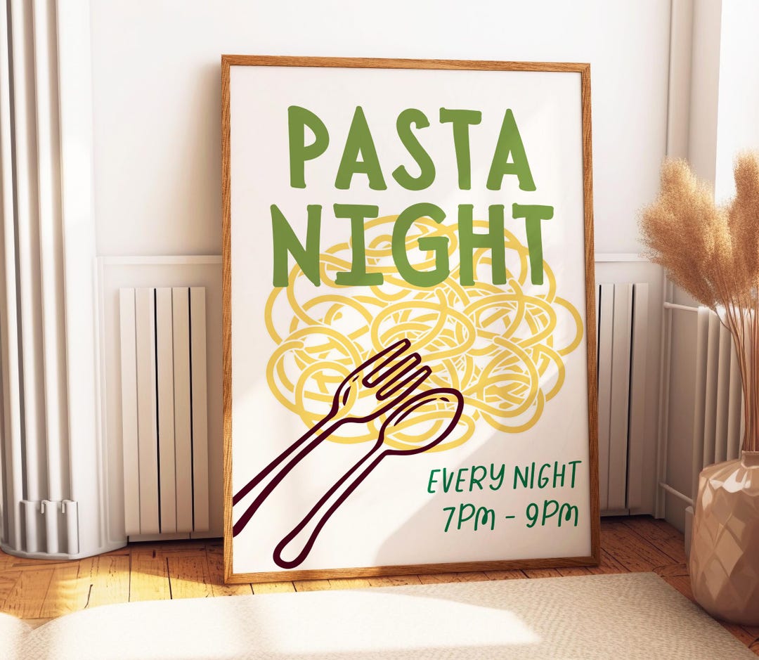 Pasta Night Poster, Pasta Print, Funky Kitchen Wall Art, Italian Food ...