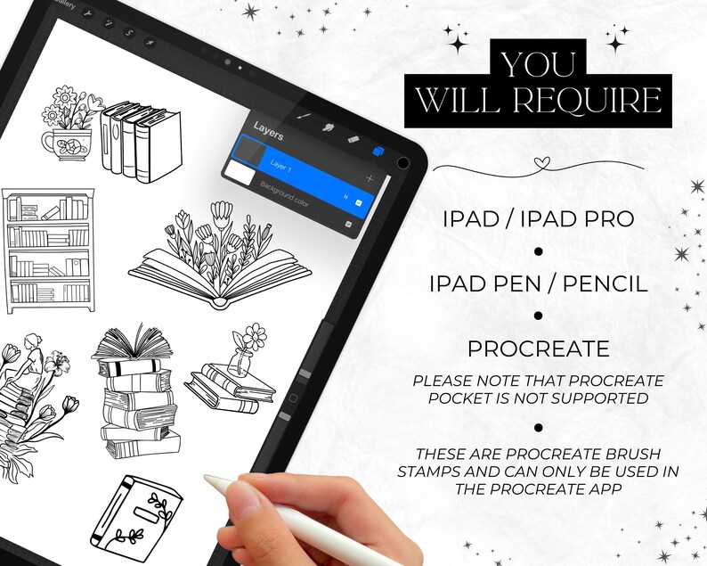 Books Procreate Stamps, Tattoo Brush Set, Botanical, Learning, Library ...