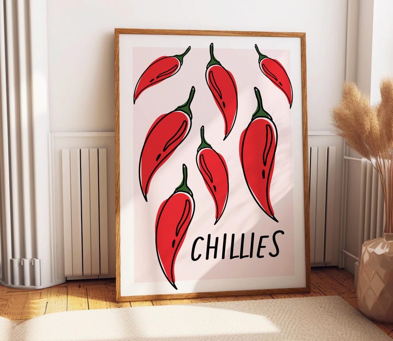 Chillies Poster, Chillies Pepper Print, Funky Kitchen Wall Art, Girly ...