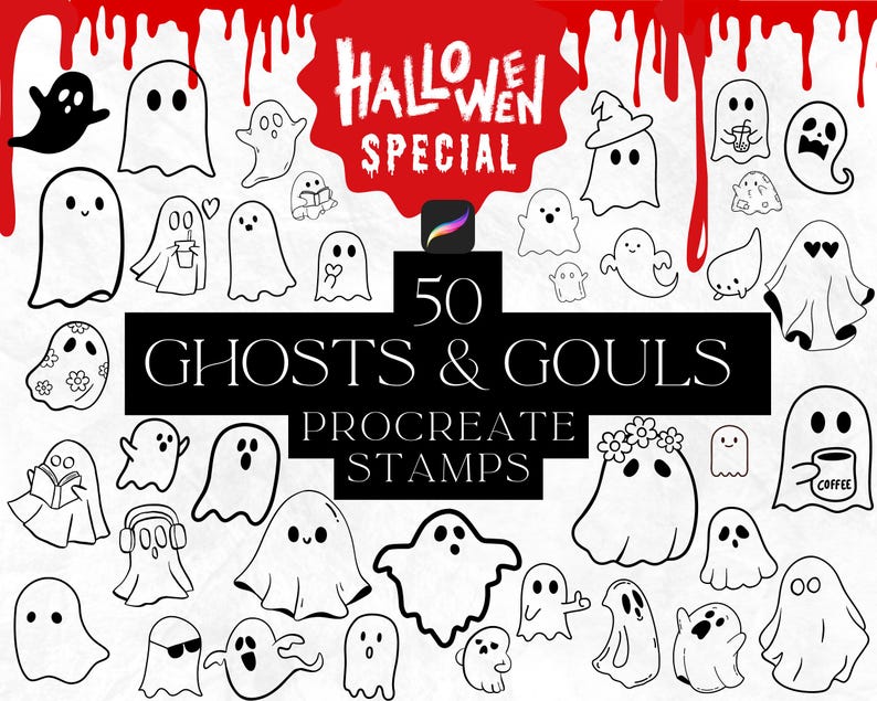 50 Ghost Procreate Stamps, Procreate Brush Set, Halloween Bundle ...