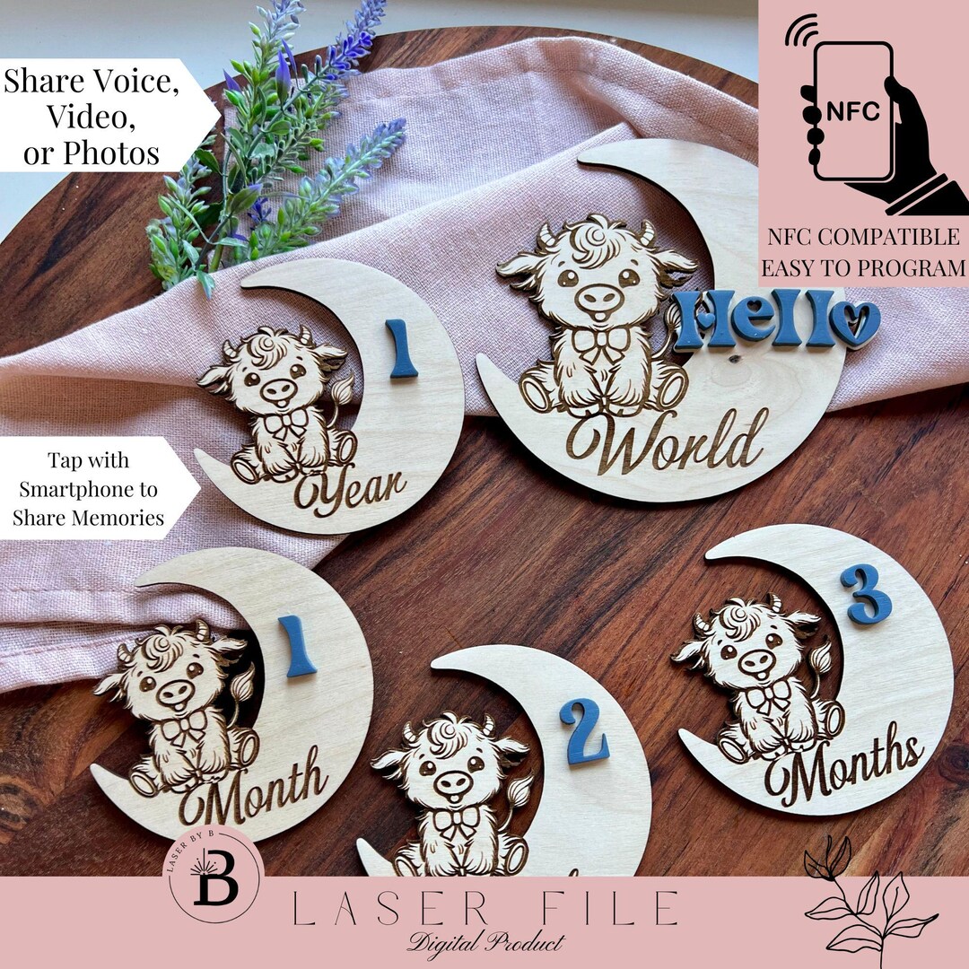 Adorable Moon Highland Baby Boy NFC Milestone Tags – A Timeless Gift ...