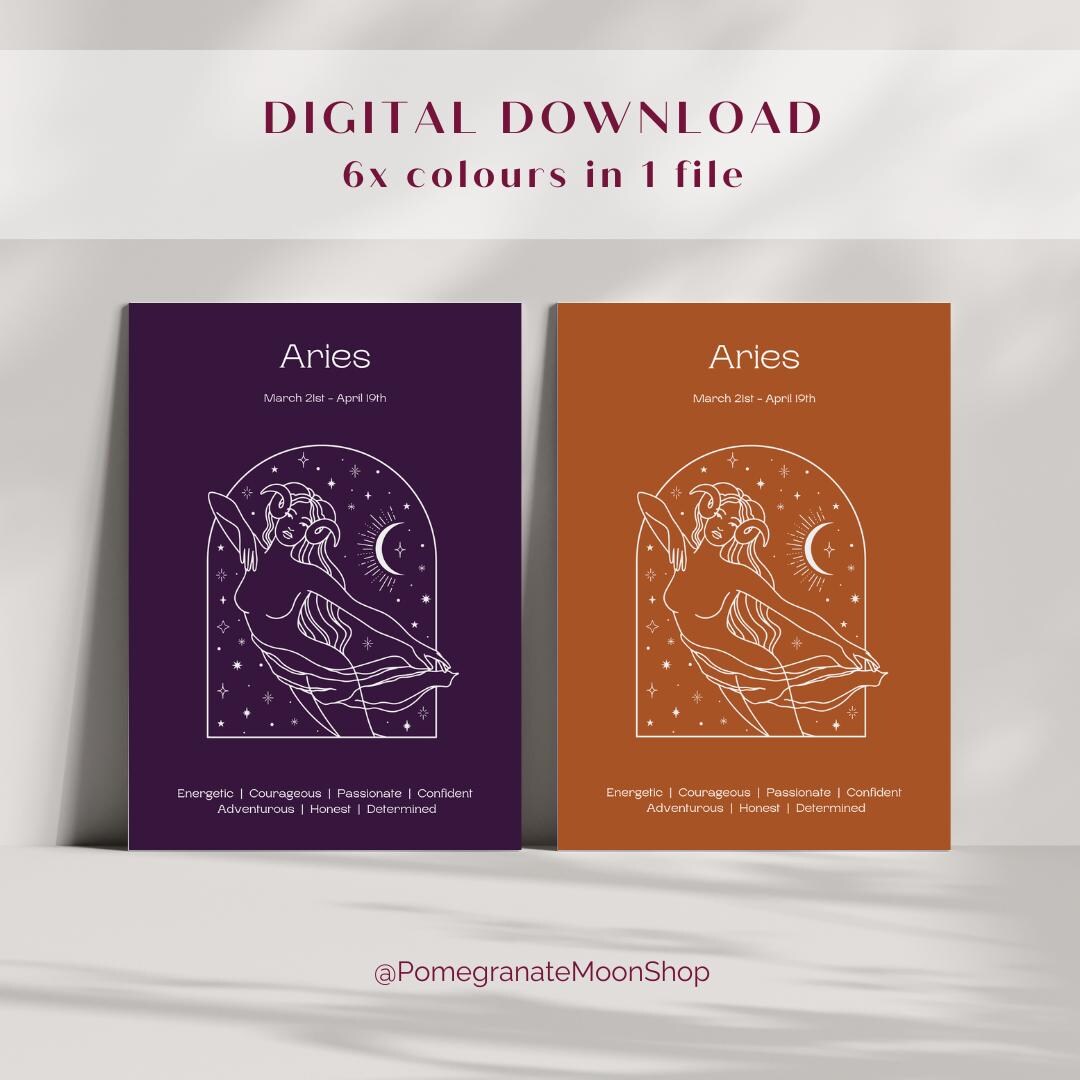 Aries Poster | Digital Download | Zodiac Signs | 6 Colours | Aries Star ...