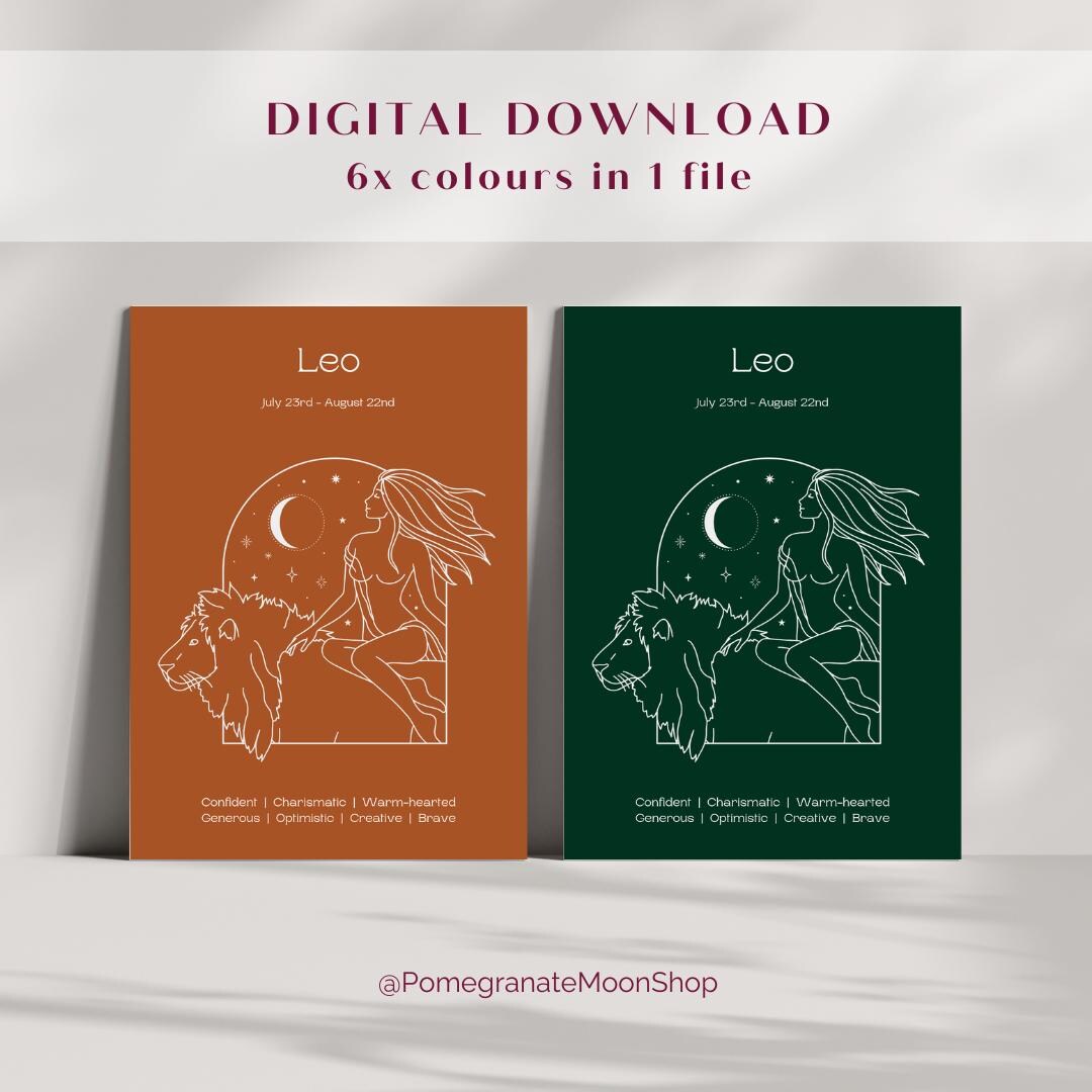 Leo Poster | Digital Download | Zodiac Signs | 6 Colours | Leo Star ...
