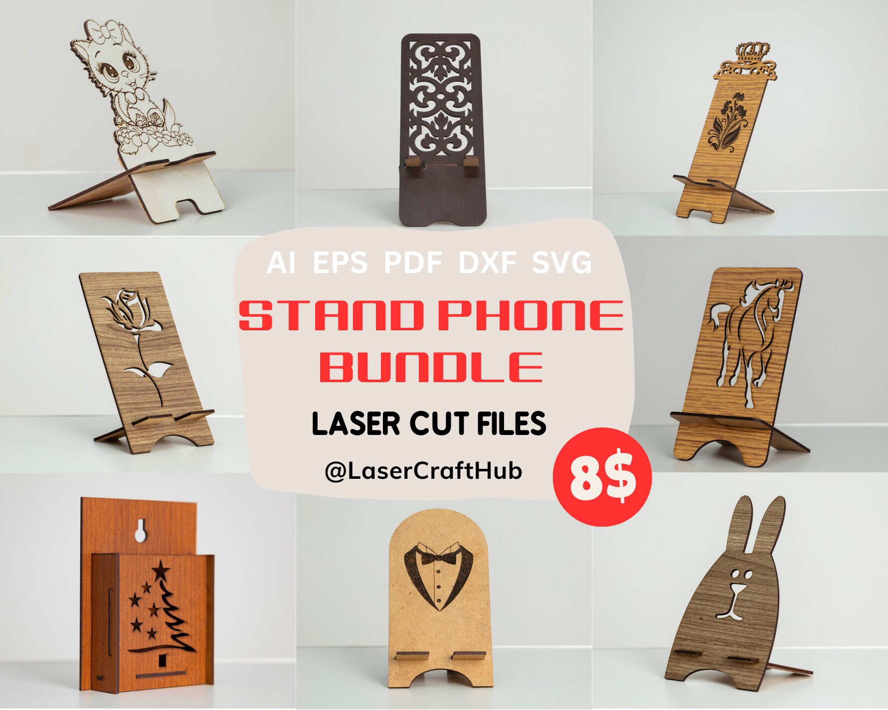 8 Laser Cut Wooden Mobile Phone Stand Phone Holder Digital Download SVG ...