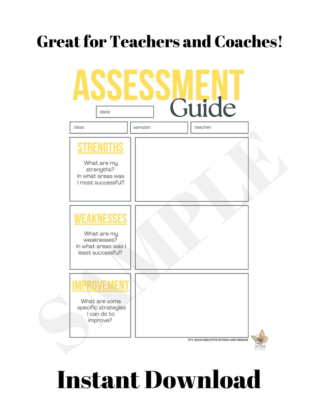Assessment Guide Strengths, Weaknesses, Improvement Great for Teachers ...