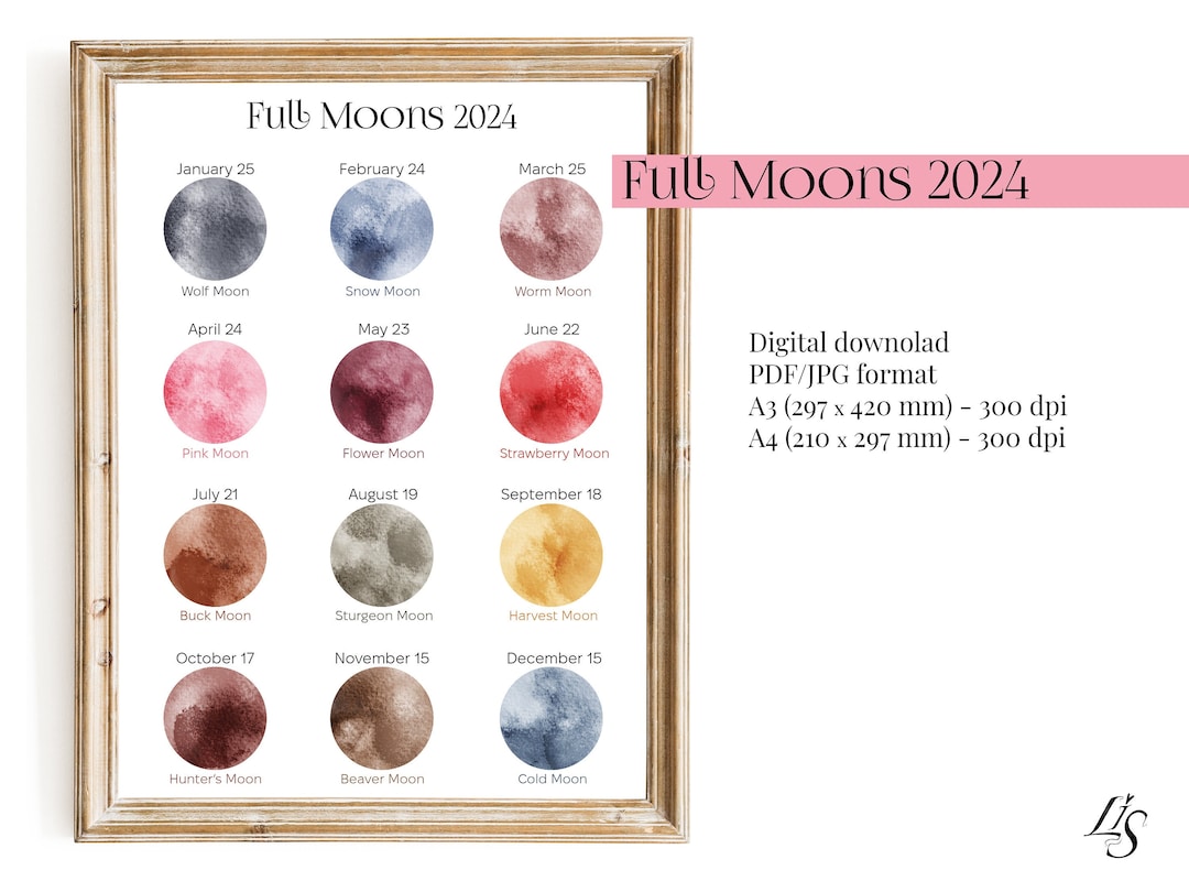2024 Full Moon Calendar, Monthly Moons Names, Full Moons, Wall Art, PDF ...
