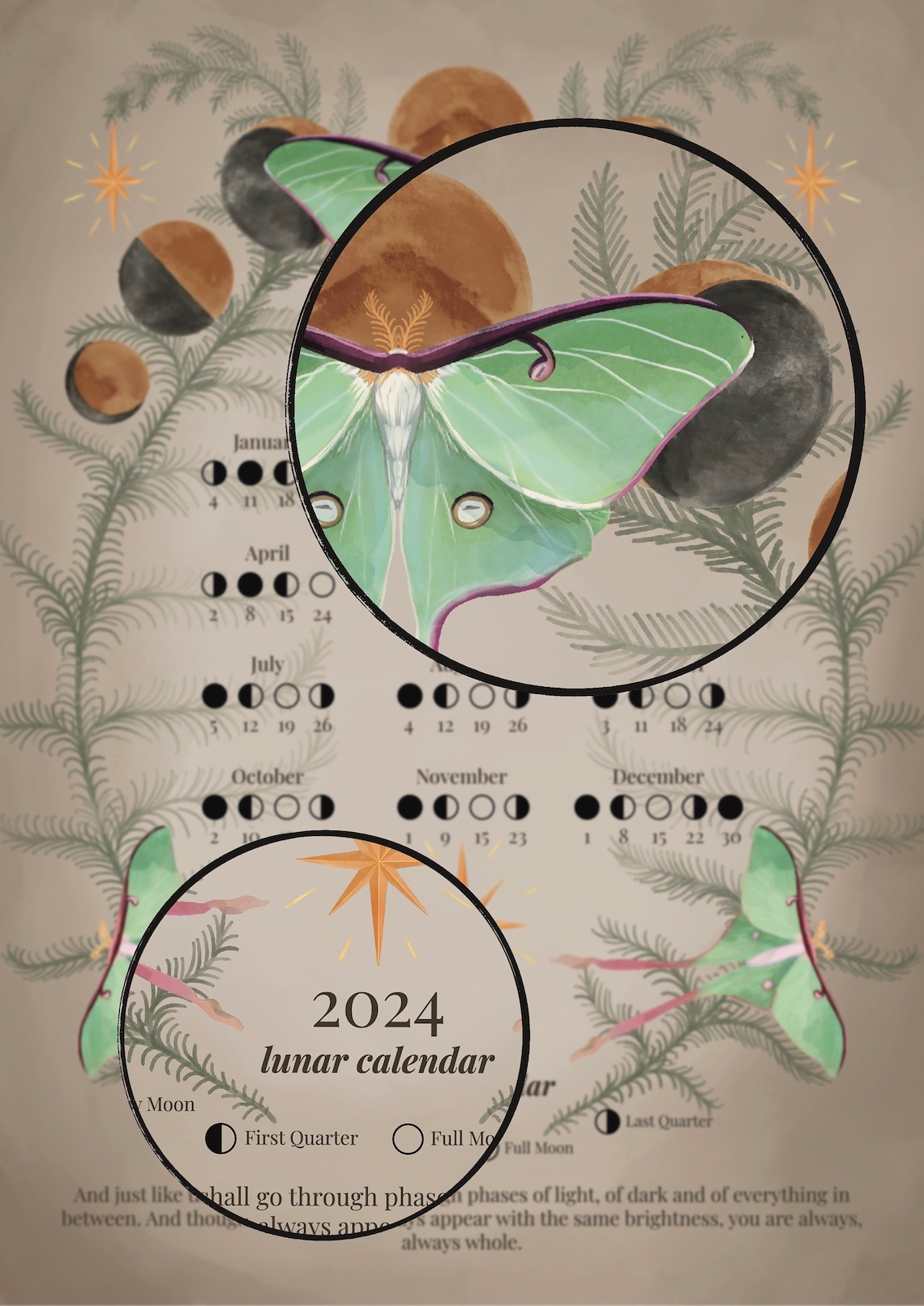 Lunar Calendar 2024, Moon Phase Calendar Printable, Lunar Moth Wall Art ...