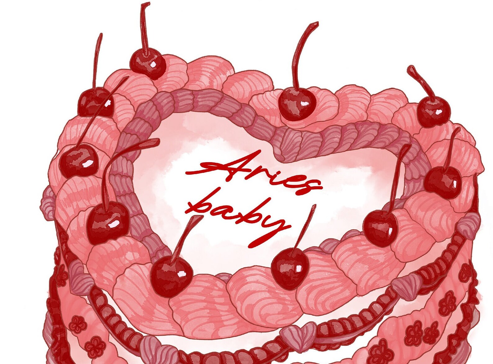 Vintage Cake Poster, Aries Wall Art, Birthday Cake Print, Pink and Red ...