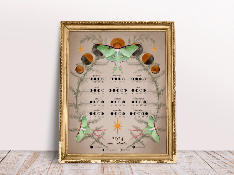 Lunar Calendar 2024, Moon Phase Calendar Printable, Lunar Moth Wall Art ...
