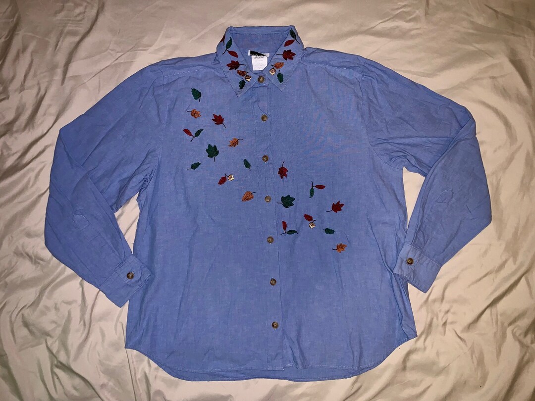 Vintage Bonworth Embroidered Falling Autumn Leaves Collared Button ...