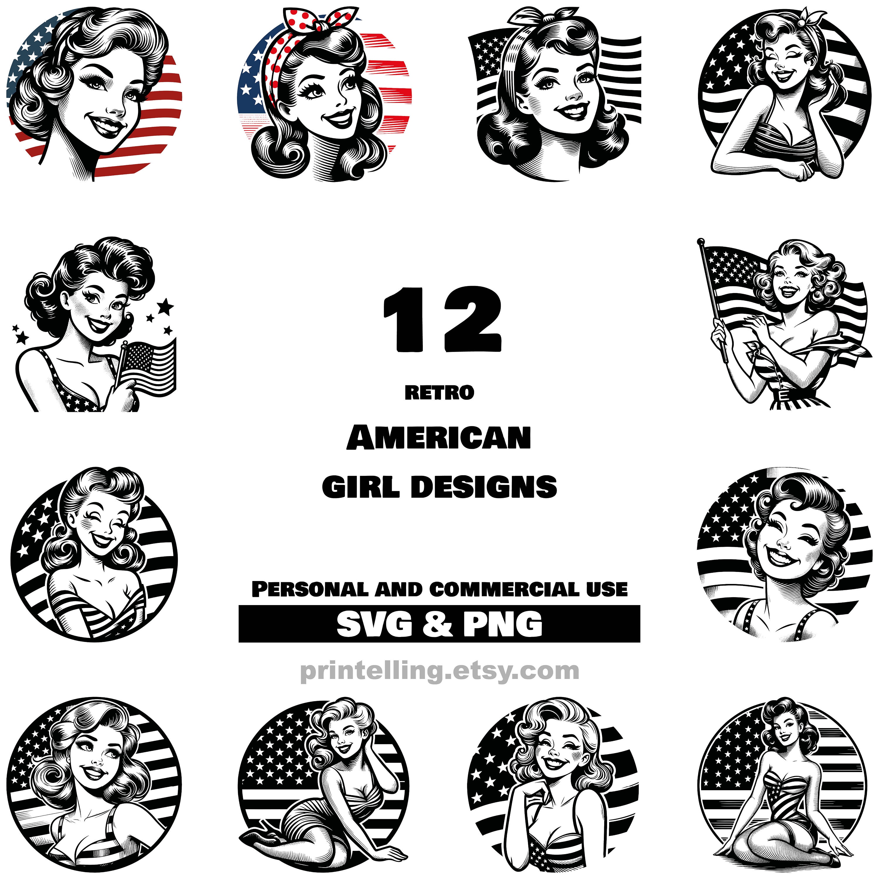 Retro Pinup Girls SVG | Patriotic American Flag Clipart (PNG) - Etsy