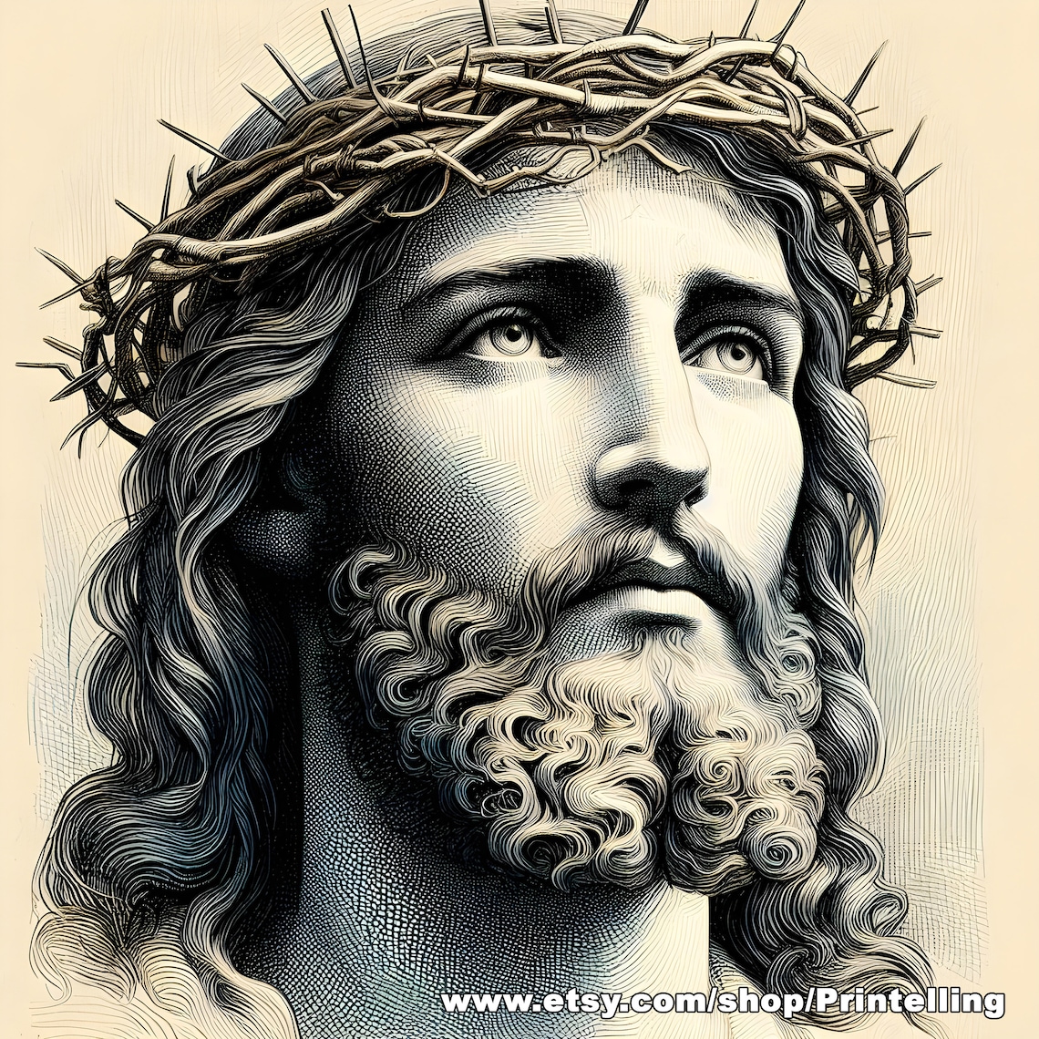 Jesus Christ Crown of Thorns Portrait: Classic Style Religious Art (JPG ...