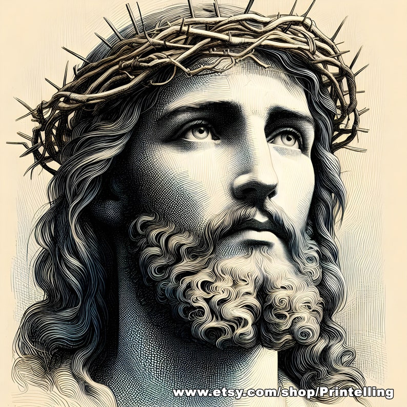 Jesus Christ Crown of Thorns Portrait: Classic Style Religious Art (JPG ...