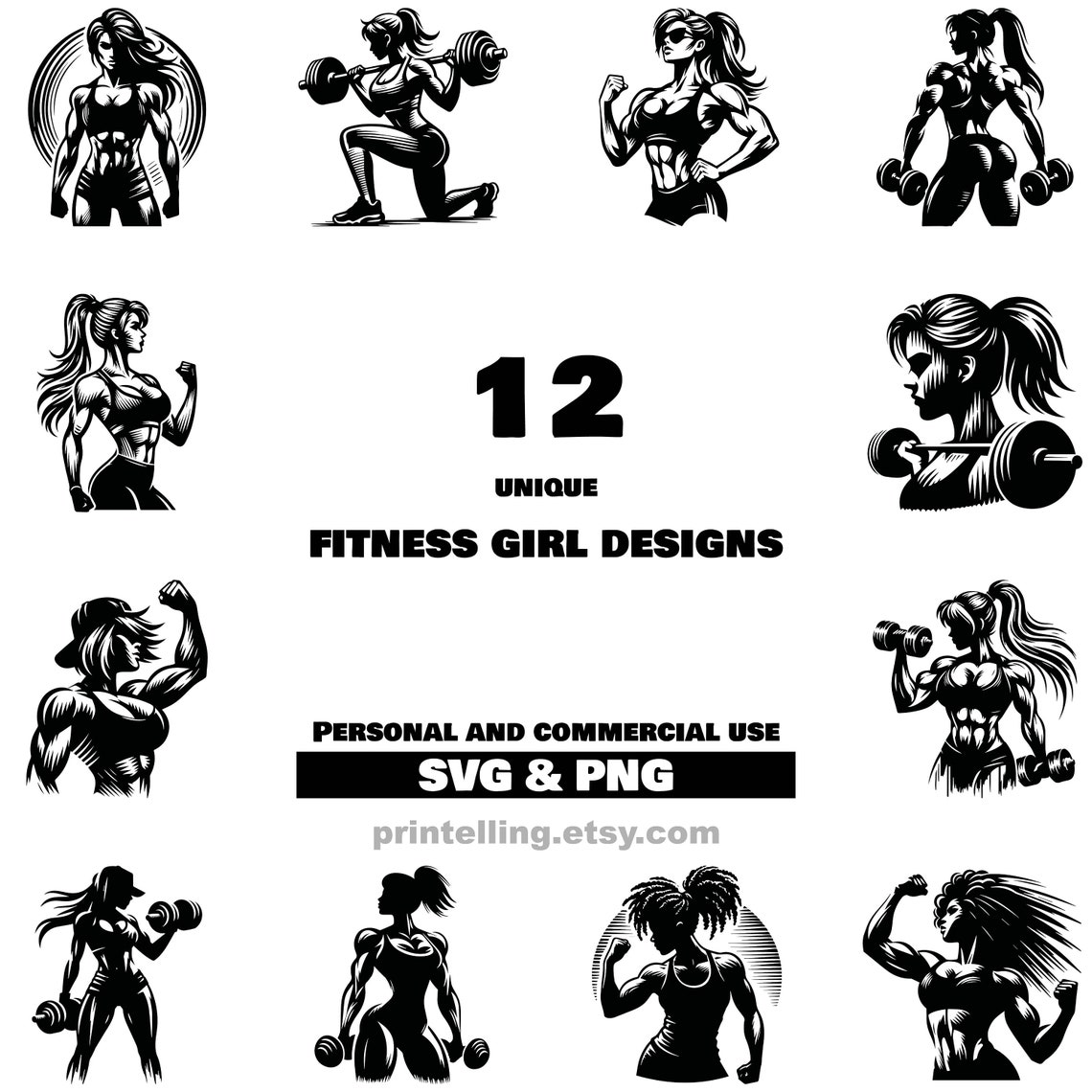 Fitness Girl SVG & PNG Bundle | 12 Unique Workout and Bodybuilding ...
