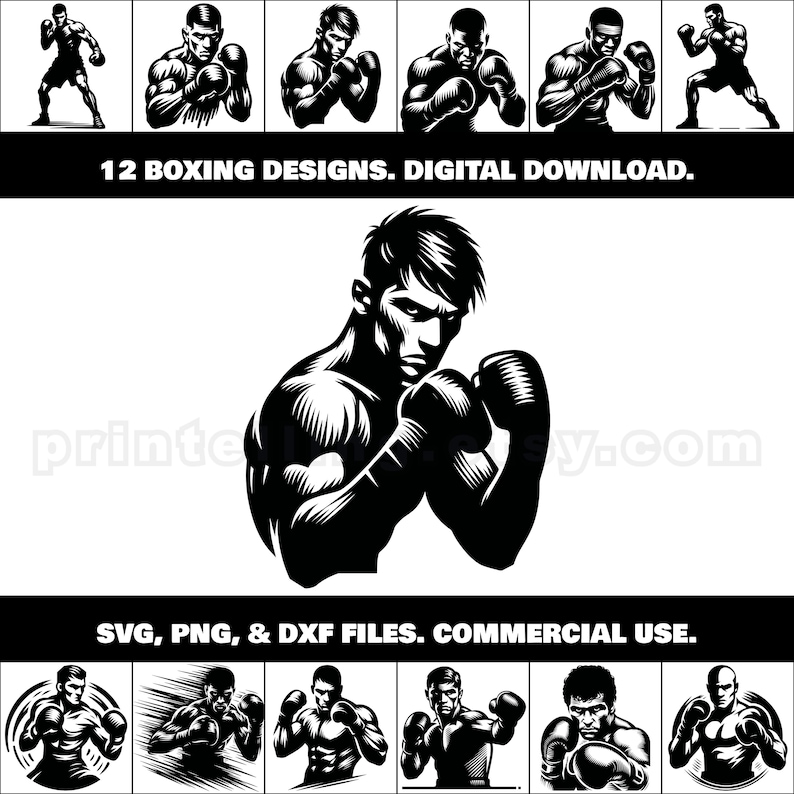 Boxing SVG, PNG, DXF Clipart Bundle; 12 Badass Boxer Images for ...