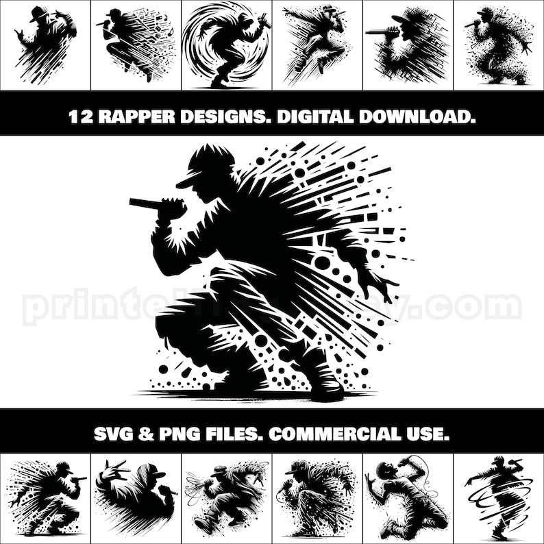 Rap Music Artists SVG & PNG Clipart Bundle 12 Unique Singing Rapper ...
