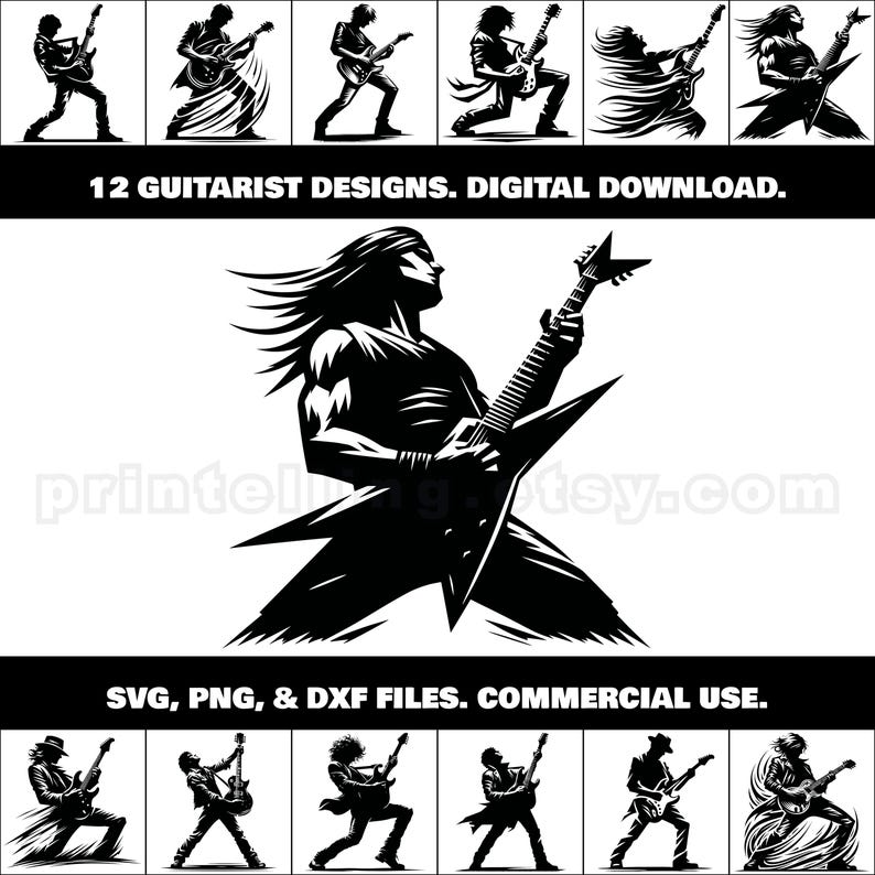 Guitarist PNG, SVG, DXF Clipart Bundle to Design Music Merch and ...