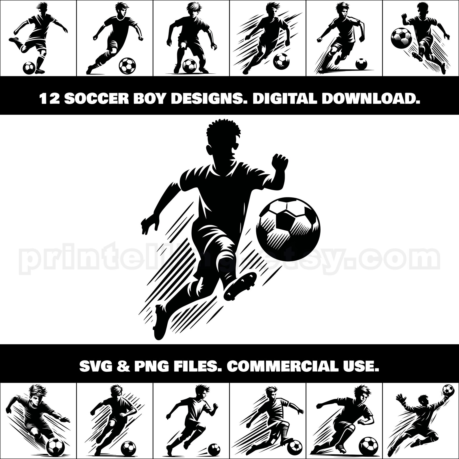 Young Boy Soccer Player SVG & PNG Clipart Bundle; 12 Youth Soccer ...