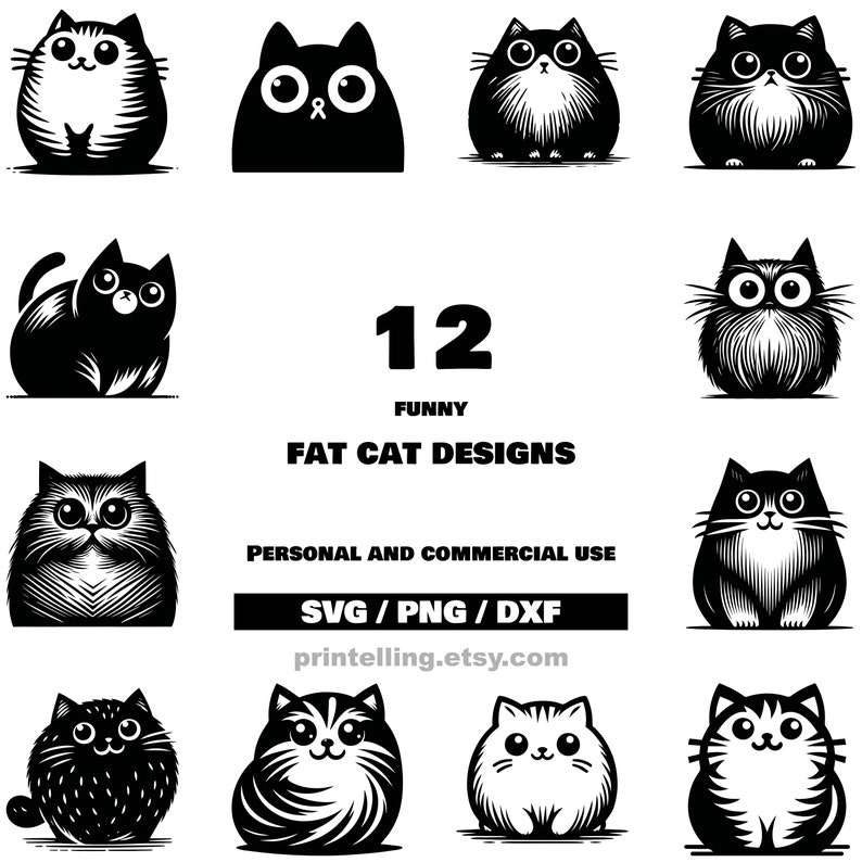 Funny Fat Cat Cartoon SVG, PNG, DXF Bundle; 12 Cute Designs to Make T ...