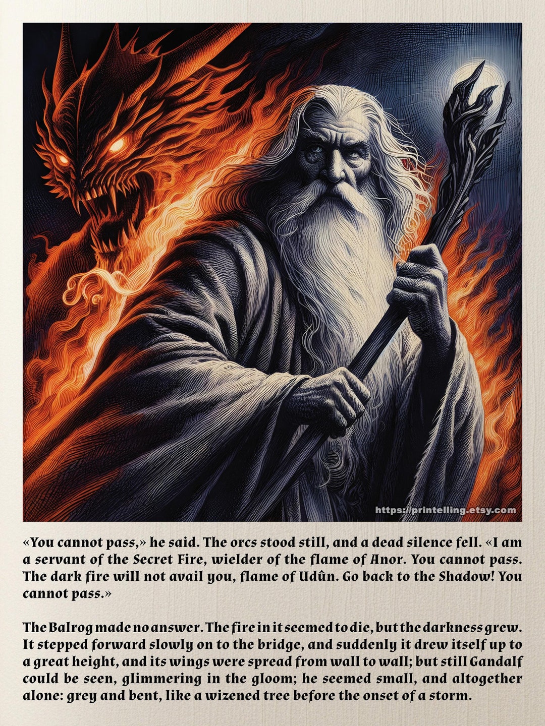 Gandalf Vs Balrog Art Print: Lord of the Rings Book Page (digital ...