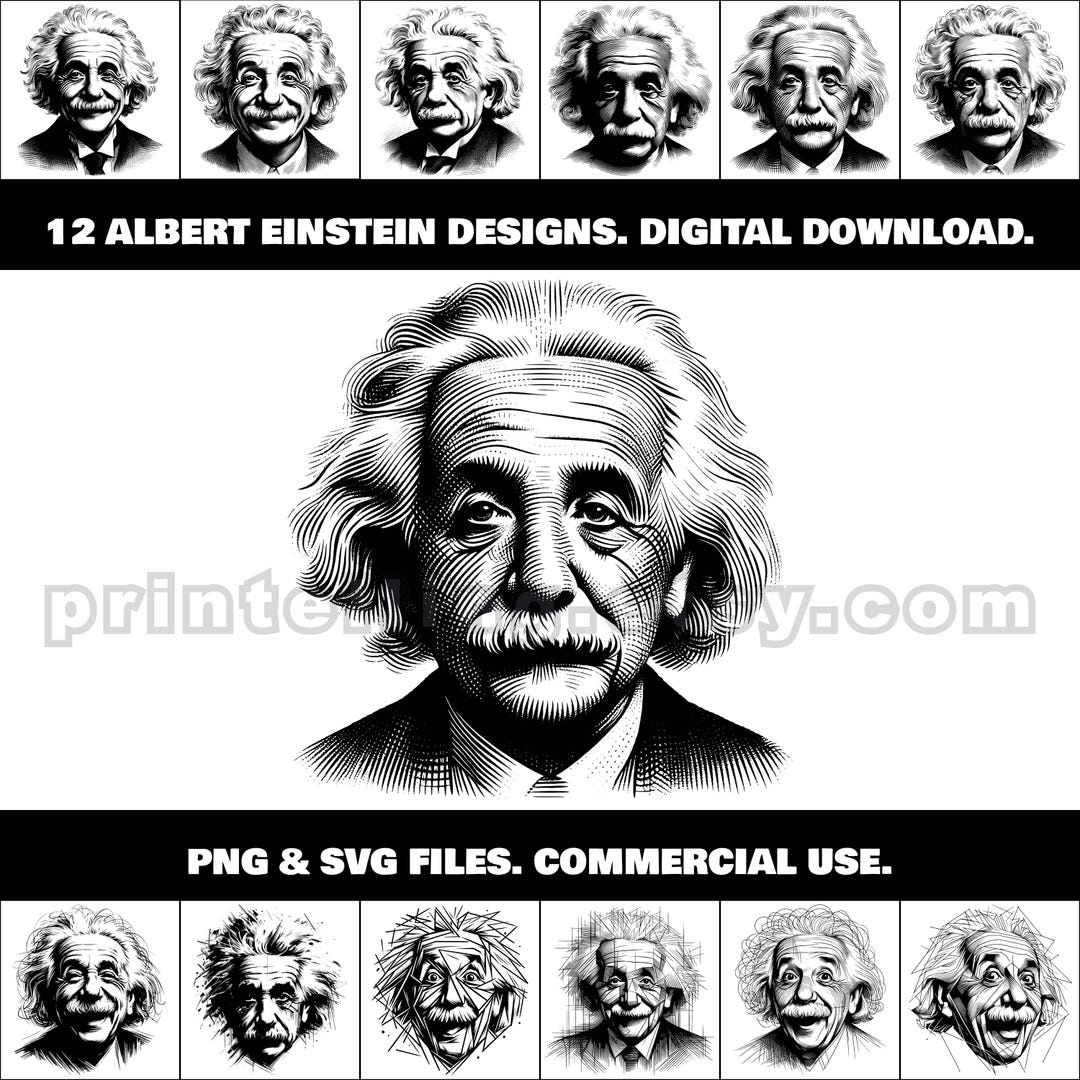 Albert Einstein SVG & PNG Bundle; 12 Portraits for T-shirt Designs ...