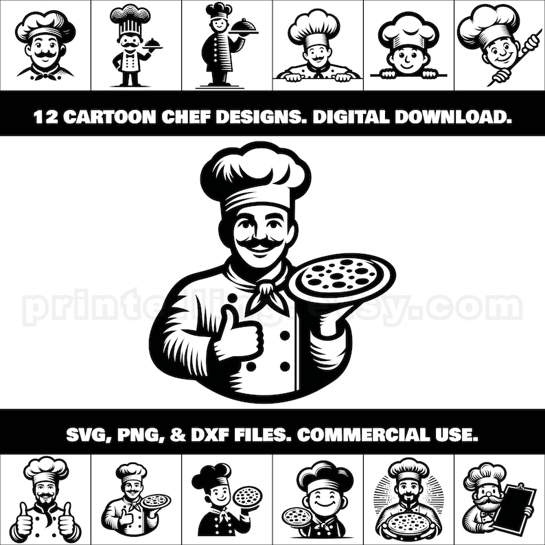 Cartoon Chef SVG, PNG & DXF Bundle 12 Fun Chef Clipart Images for ...